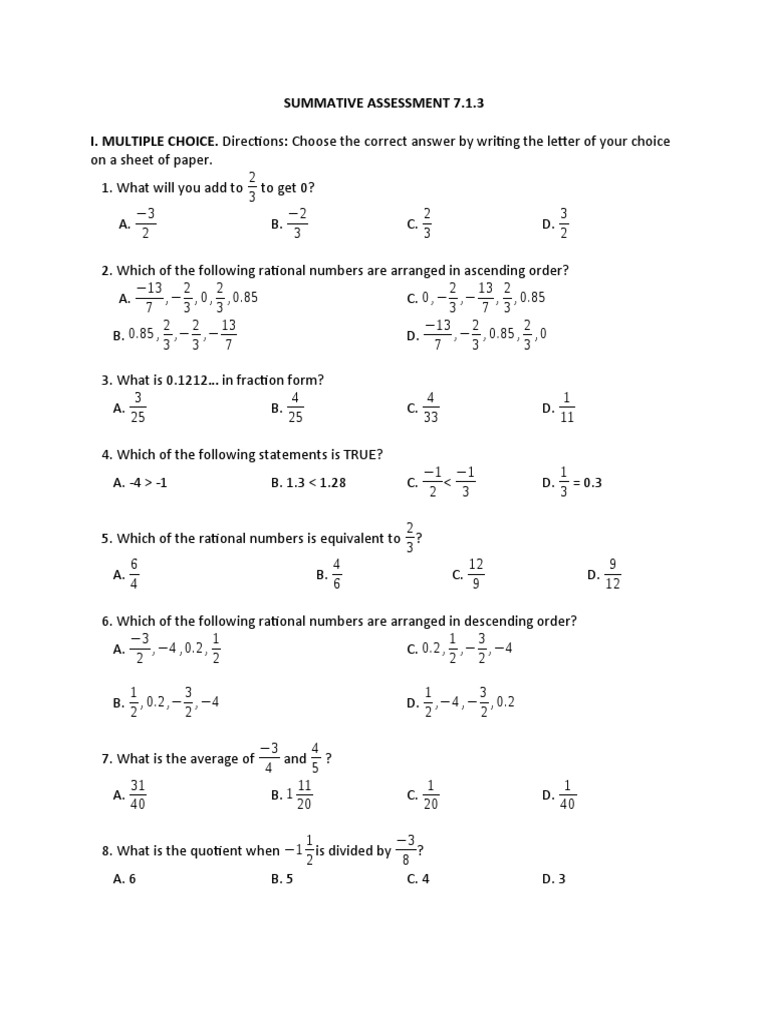 Summative Assessment 7.1.3 I. MULTIPLE CHOICE. Directions: Choose The ...
