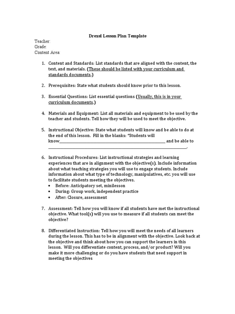 Drexel Lesson Plan Template Guide | PDF