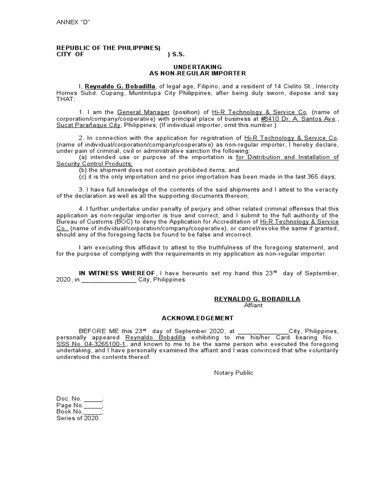 Republic of The Philippines) City Of) S.S. Undertaking As Non-Regular ...