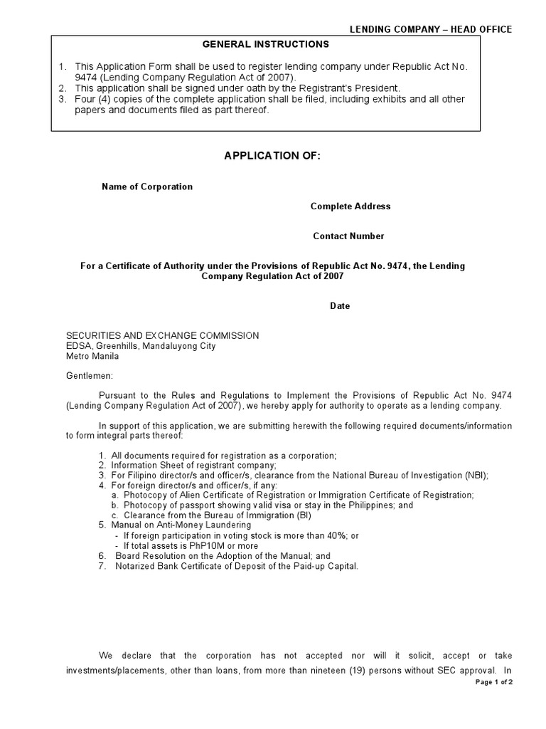Application for Lending Company Authority | PDF | Loans | Government ...