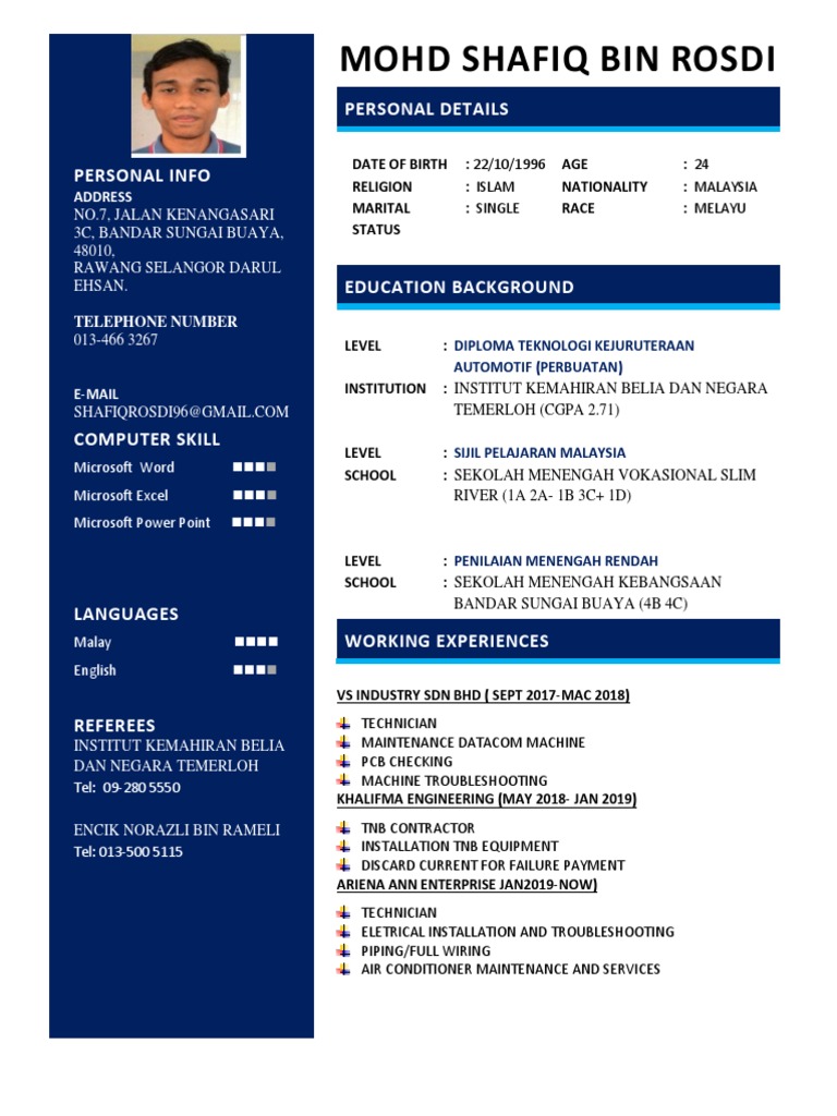 Mohd Shafiq Bin Rosdi: Personal Details | PDF