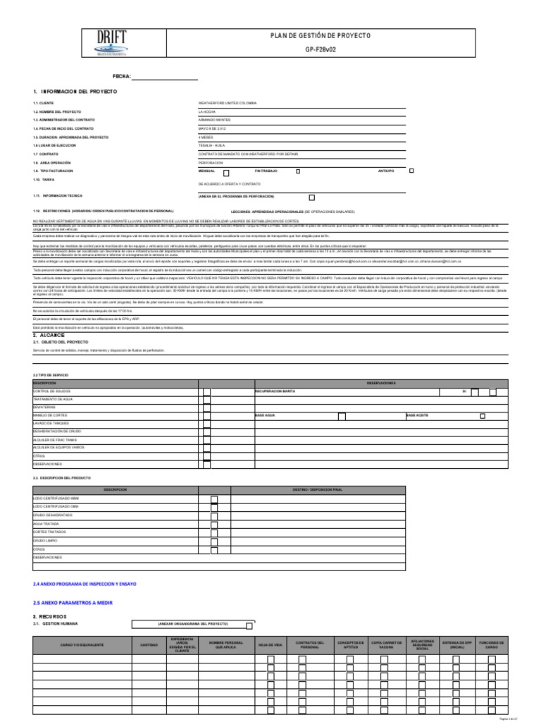 GP-F28v02 PLAN DE GESTION DE PROYECTO HOCOL LA HOCHA | PDF | Logística | Agua