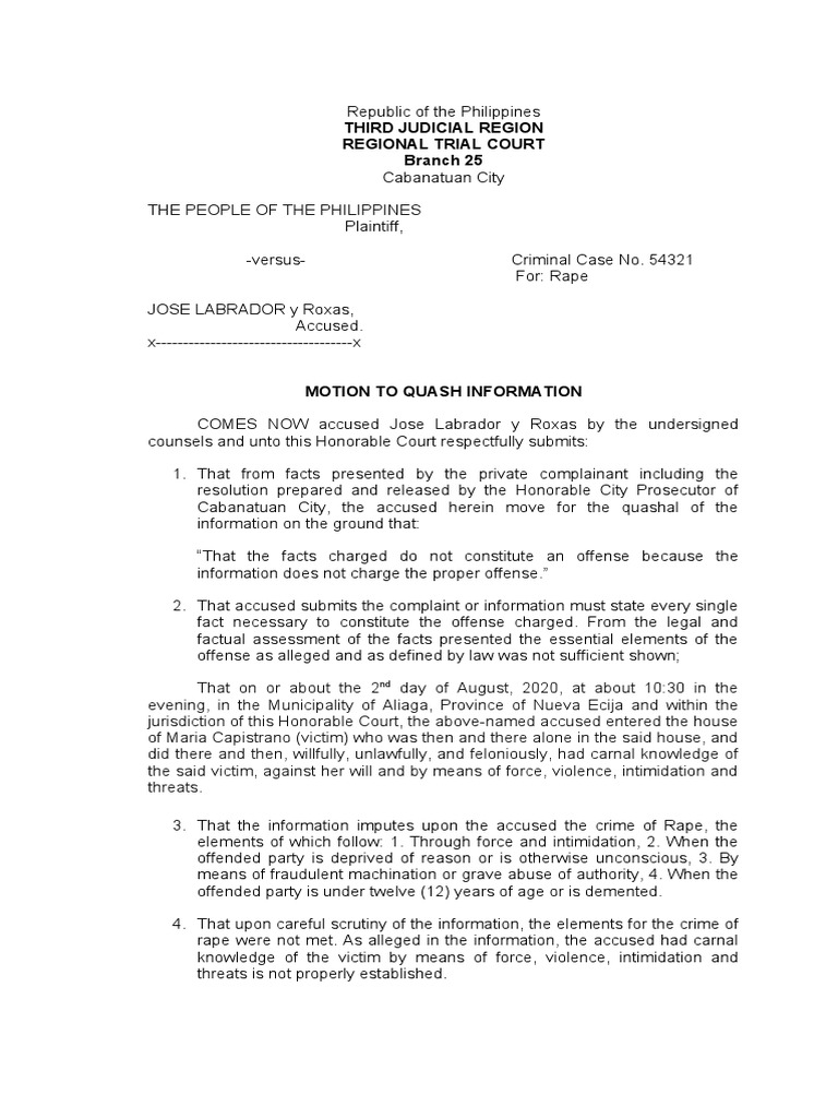 Motion To Quash Information | PDF | Rape | Prosecutor