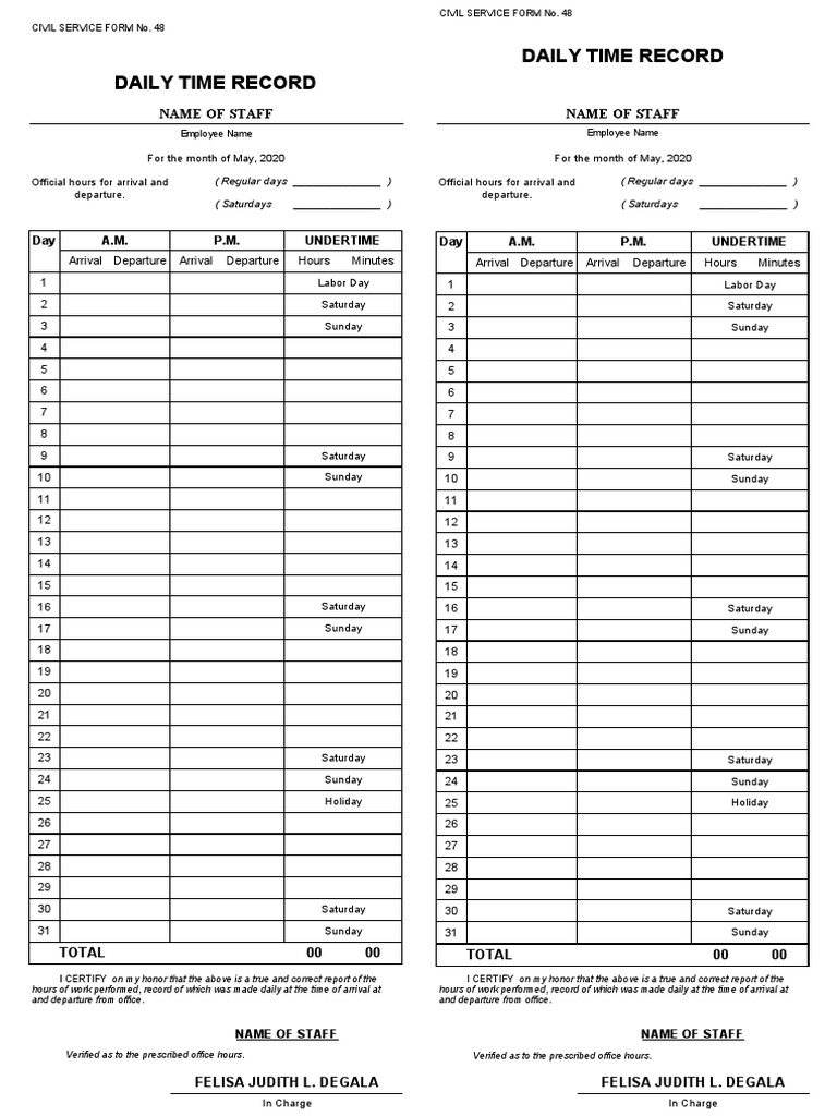 Daily Time Record Daily Time Record: Name of Staff Name of Staff ...