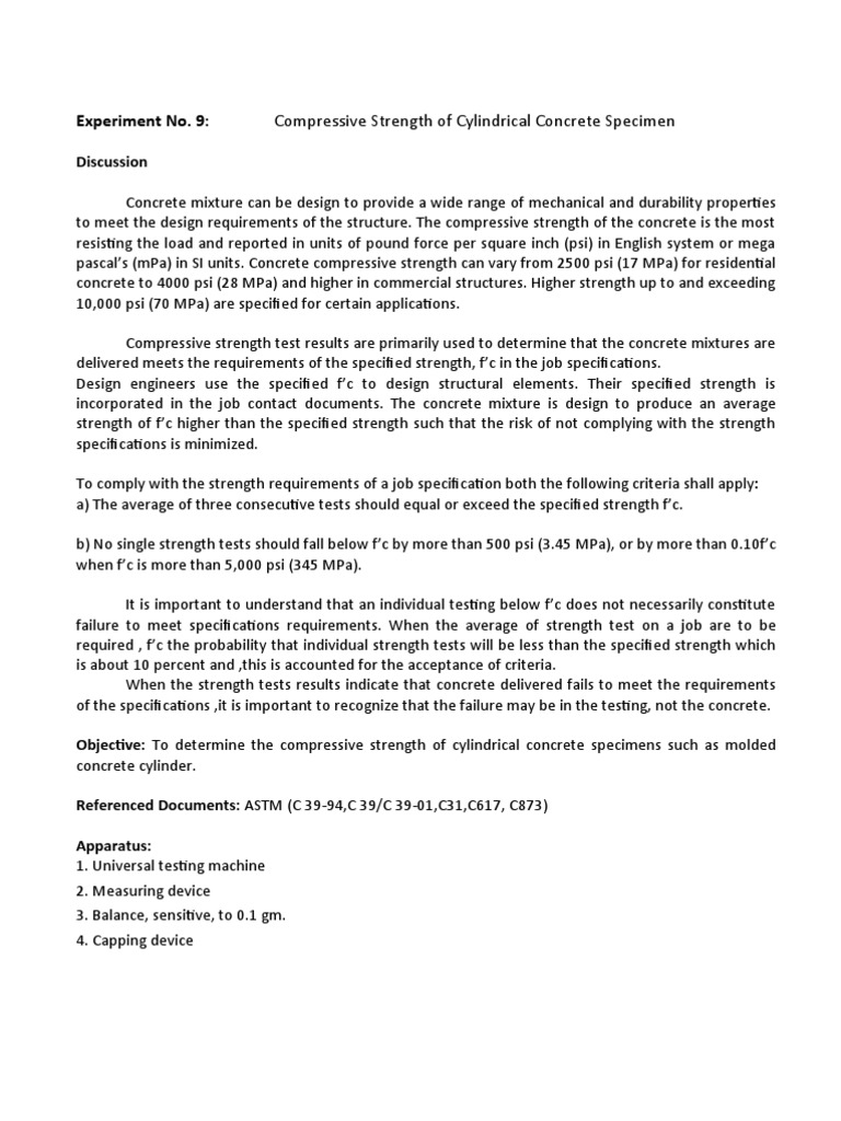 Experiment No. 9:: Compressive Strength of Cylindrical Concrete ...
