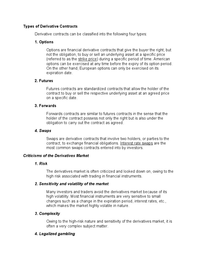 Types of Derivative Market | PDF | Derivative (Finance) | Option (Finance)