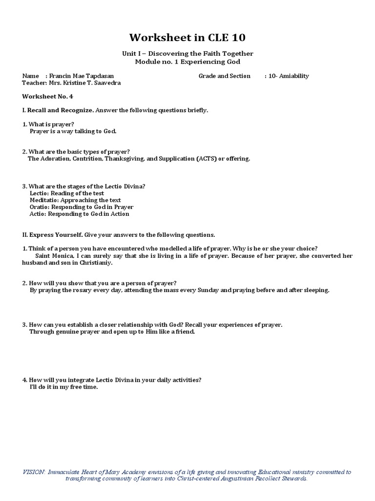 Worksheet in CLE 10: Unit I - Discovering The Faith Together Module No ...