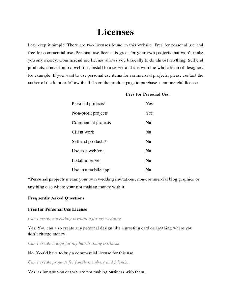 Free Personal & Commercial License Guide | PDF