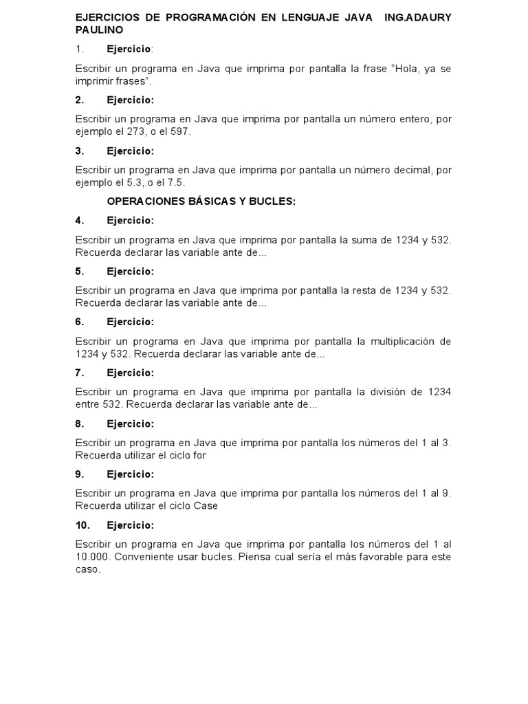 Ejercicios de Programación en Lenguaje Java Ing | PDF