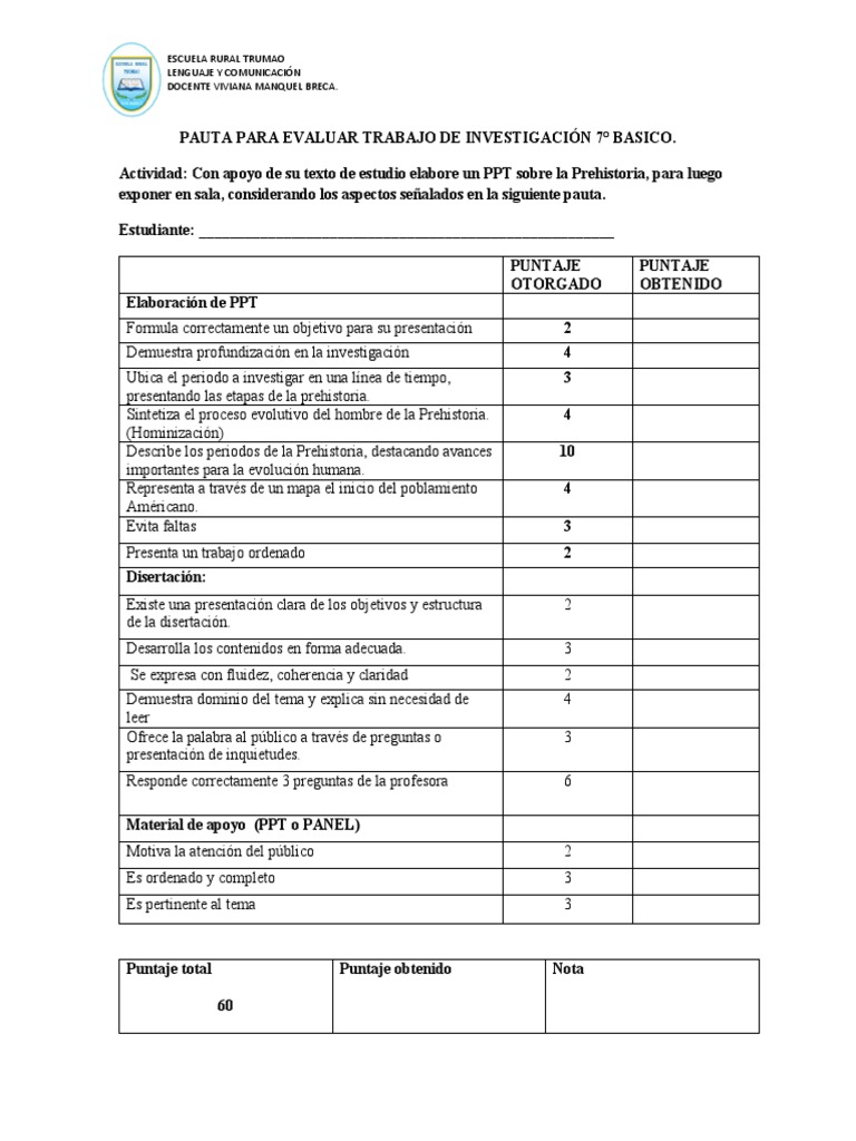 PAUTA PARA EVALUAR TRABAJO DE INVESTIGACIÓN 7 | PDF