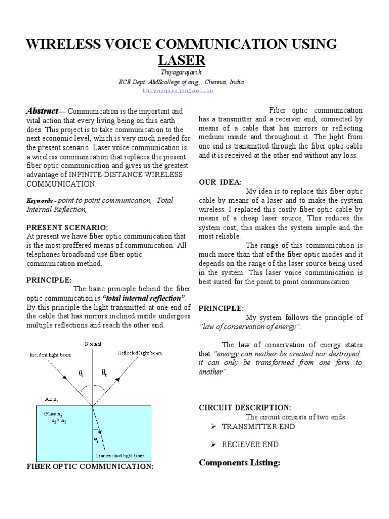 Wireless Laser Voice Communication | PDF | Wireless | Optical Fiber