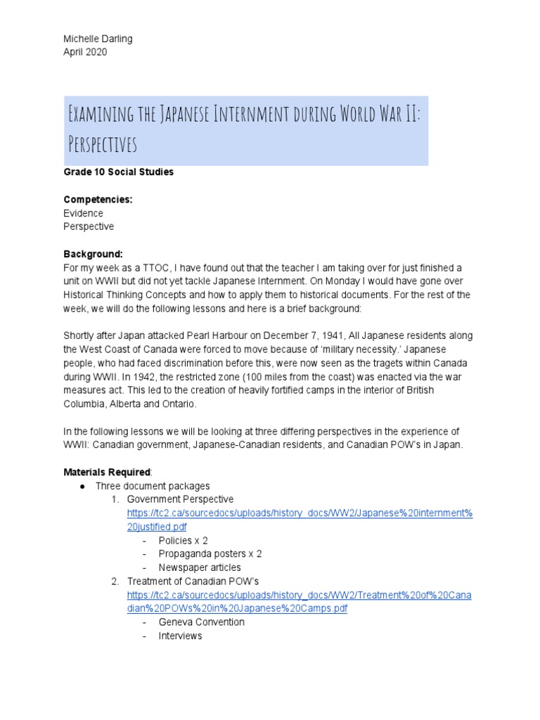 Japanese Internment Perspectives Worksheet | PDF | Worksheet ...