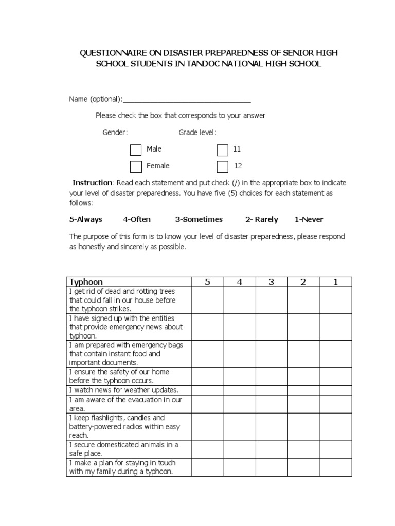Questionnaire On Disaster Preparedness of Senior High School Students ...