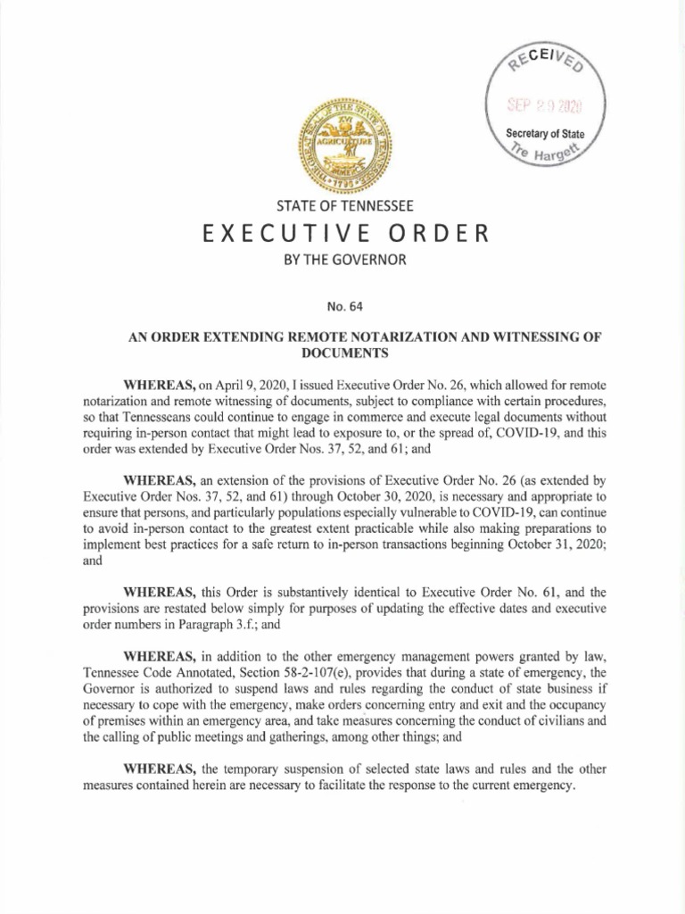 Tennessee Executive Order 64 | PDF | Notary Public | Signature