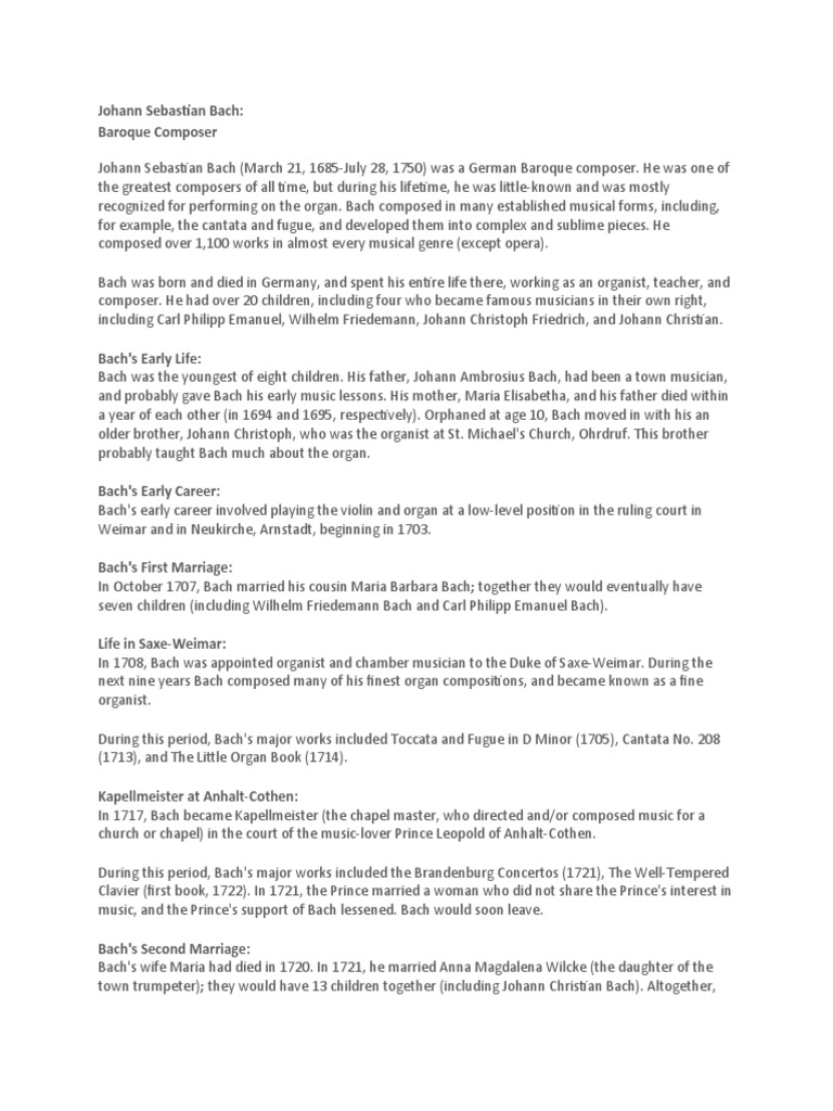 Johann Sebastian Bach Biography | PDF | Compositions | Johann Sebastian ...