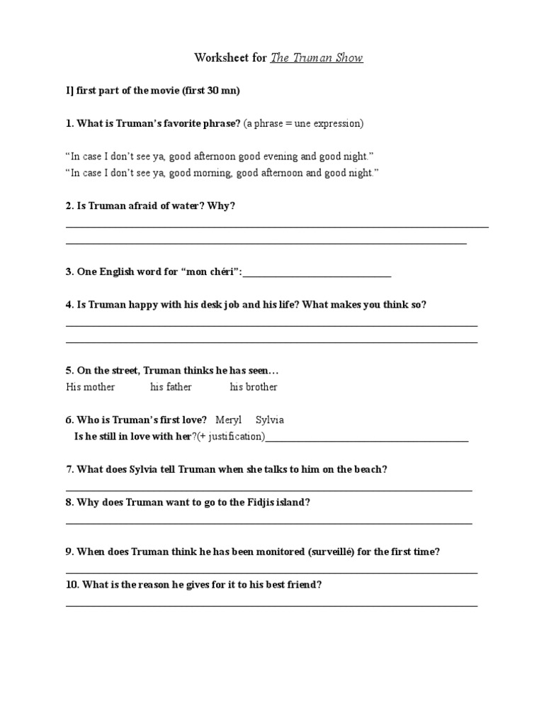 Truman Show Worksheet | PDF