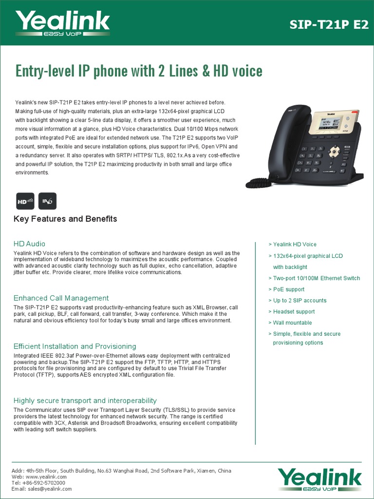 Entry-Level IP Phone With 2 Lines & HD Voice: SIP-T21P E2 | PDF ...
