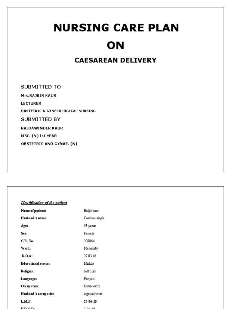 Nursing Care Plan ON: Caesarean Delivery | PDF | Childbirth | Breastfeeding