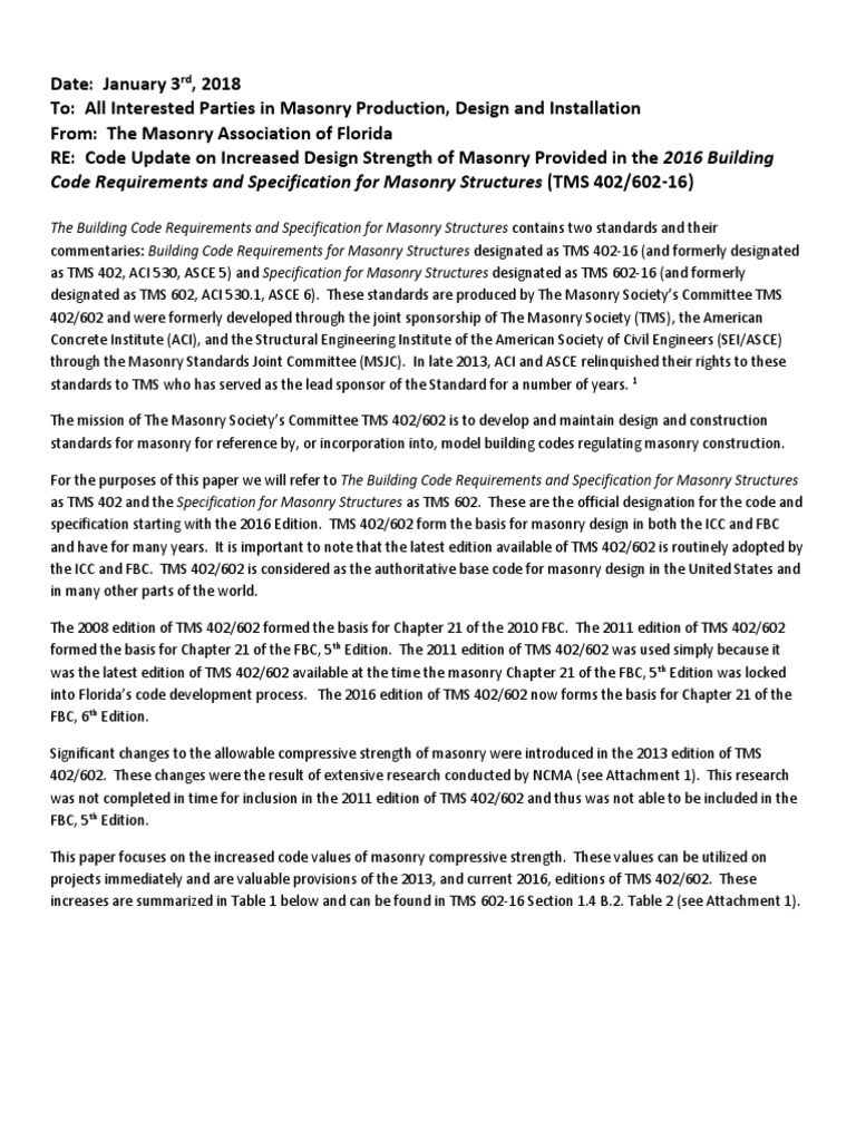 Code Requirements and Specification For Masonry Structures (TMS 402/602 ...