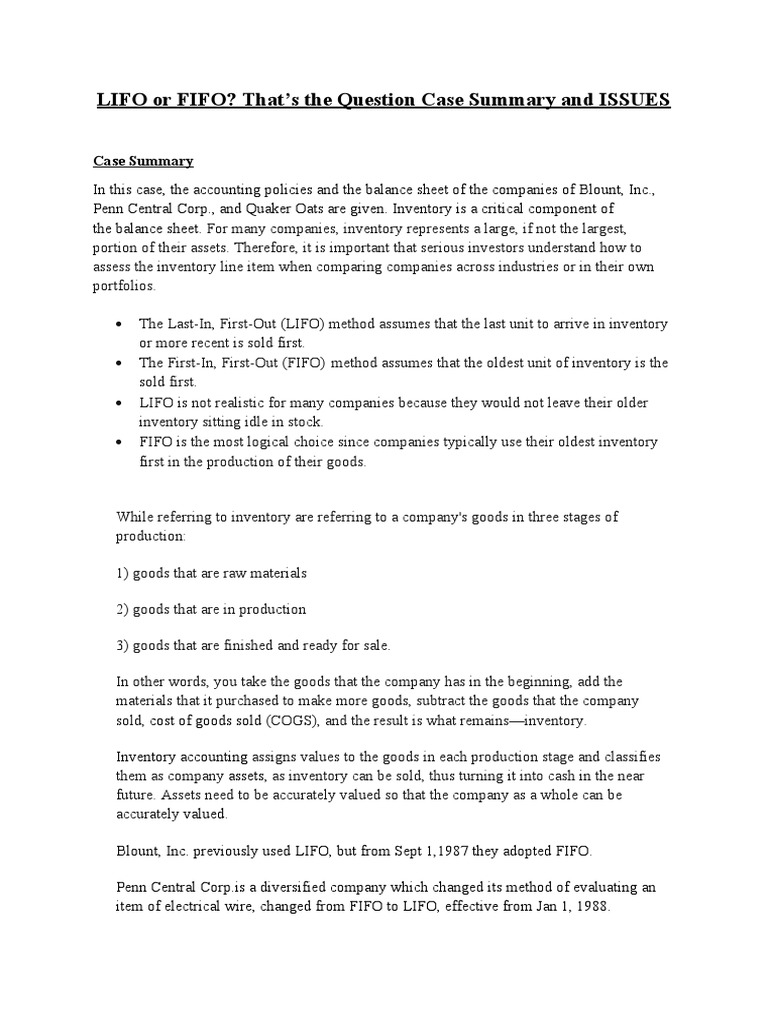 LIFO or FIFO? That's The Question Case Summary and ISSUES | PDF | Cost ...