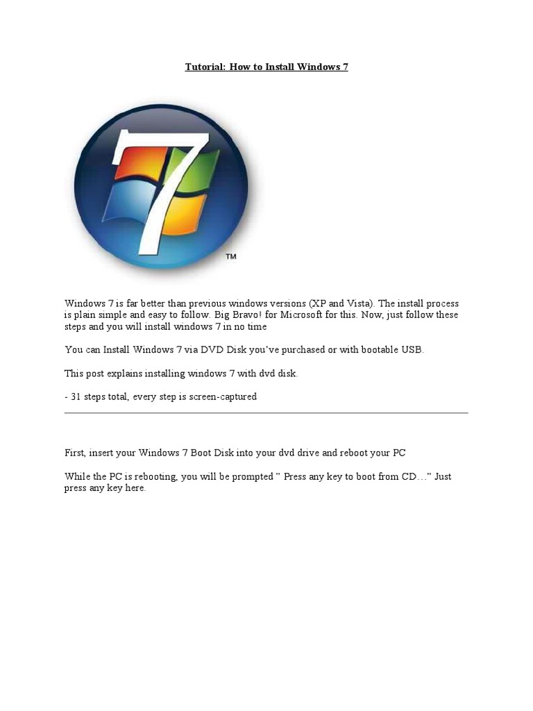 Tutorial: How To Install Windows 7 | PDF | Windows 7 | Booting