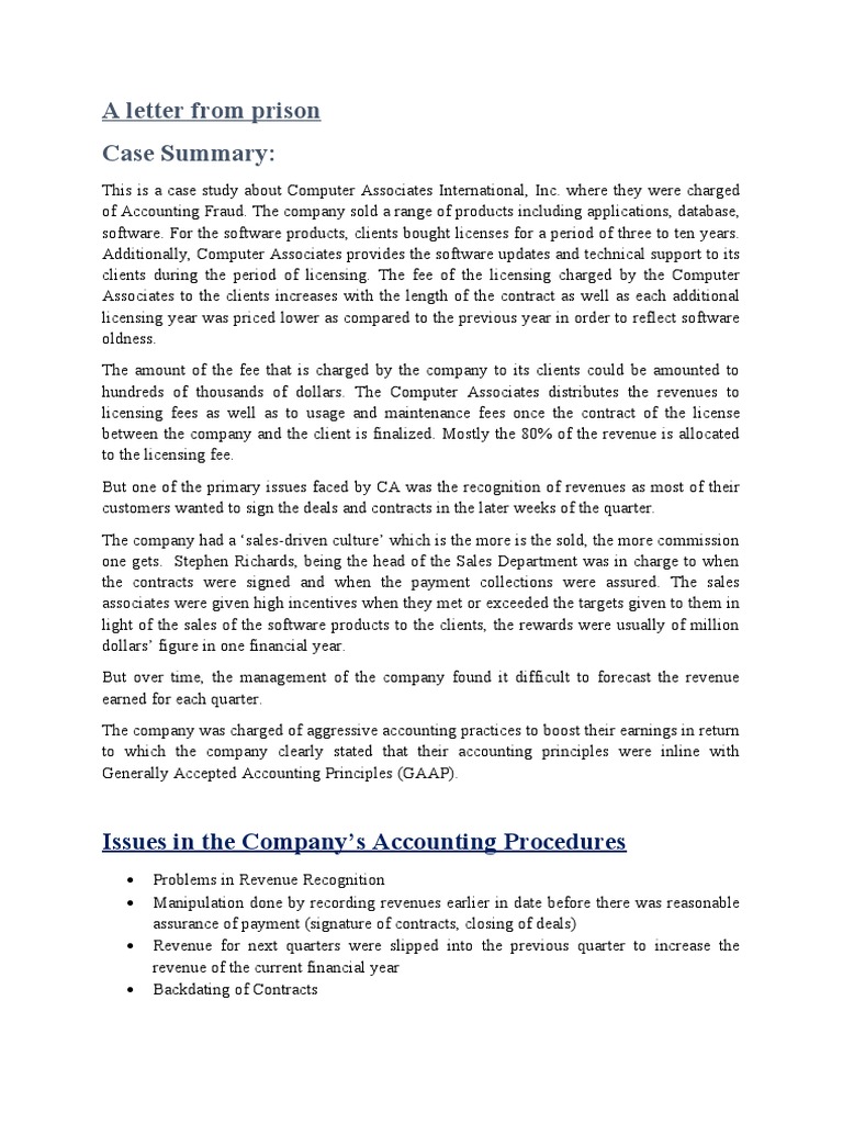 A Letter From Prison Case Summary:: Issues in The Company's Accounting ...