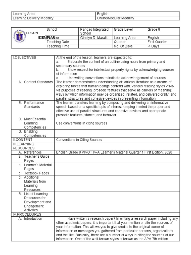 G8 MELC2 Lesson Exemplar | PDF | Apa Style | Bibliography