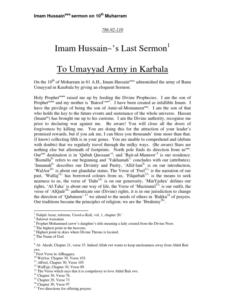 Last Sermon of Imam Hussain A S in Karbala English | Download Free PDF | Ahl Al Bayt | Husayn ...