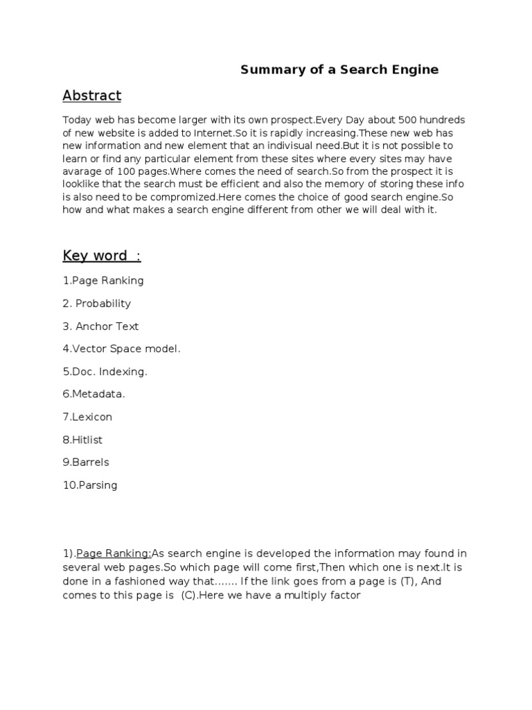 Summary of A Search Engine | PDF | Search Engine Indexing | Hyperlink