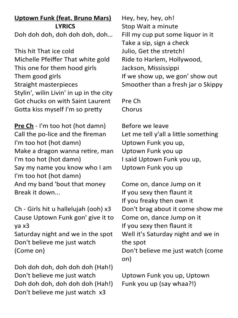Uptown Funk (Feat. Bruno Mars) Lyrics | PDF