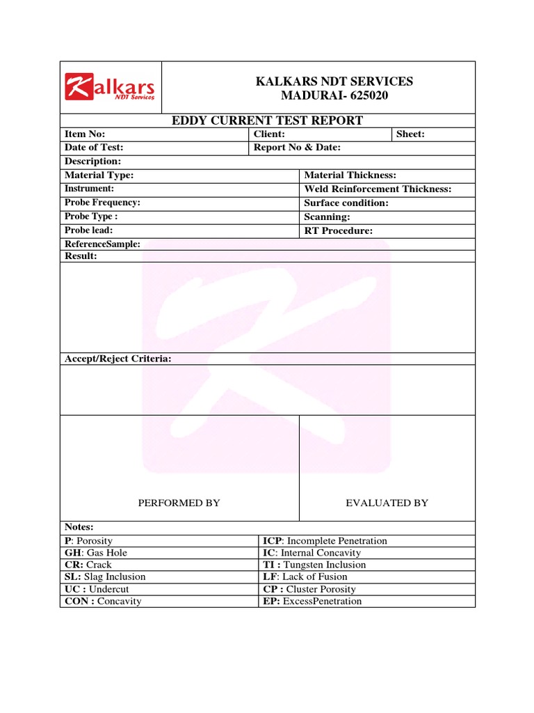 ET NDT Sample Test Report Format | PDF