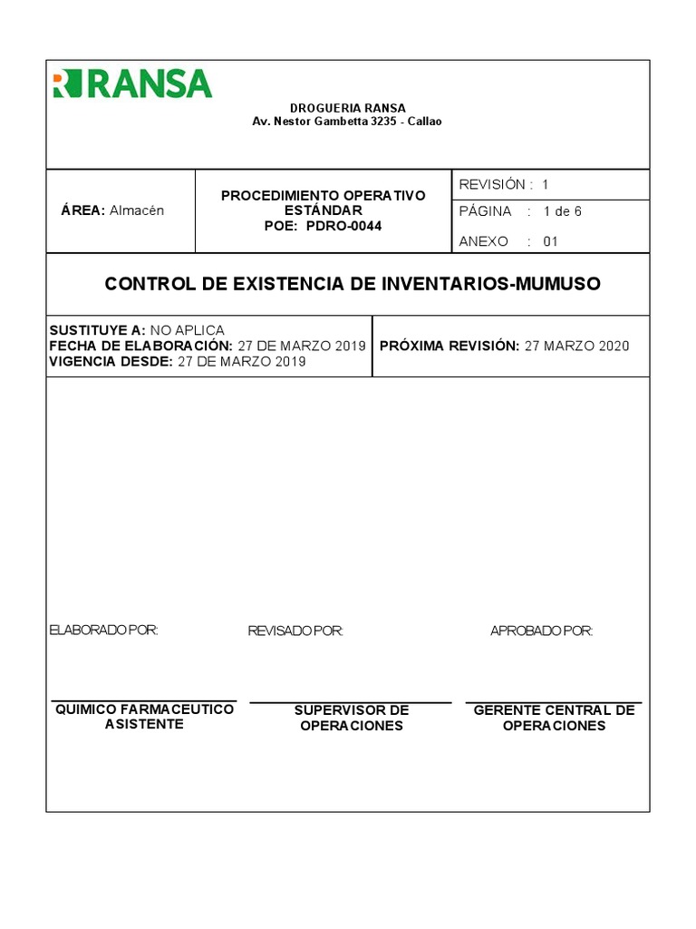 Pdro-0044-Control de Existencia de Inventarios Mumuso V2 | PDF | Inventario | Business