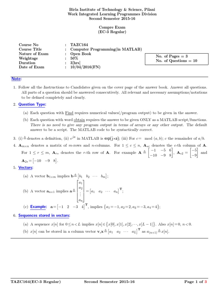 Ta ZC164 Ec-3r Second Sem 2015-2016 | PDF | Matlab | Matrix (Mathematics)