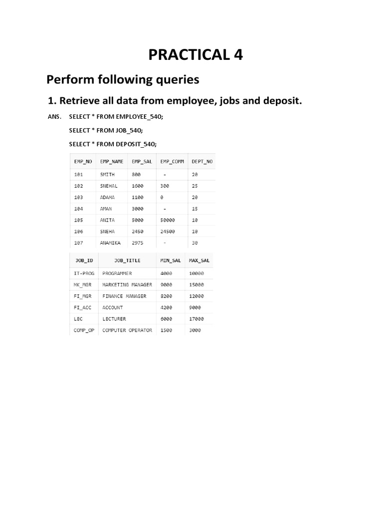 Practical 4: Perform Following Queries | PDF