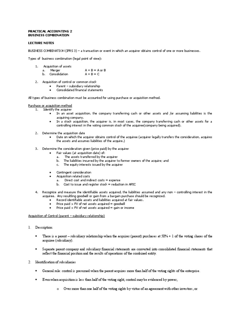 Practical Accounting 2 Business Combination Lecture Notes | PDF ...