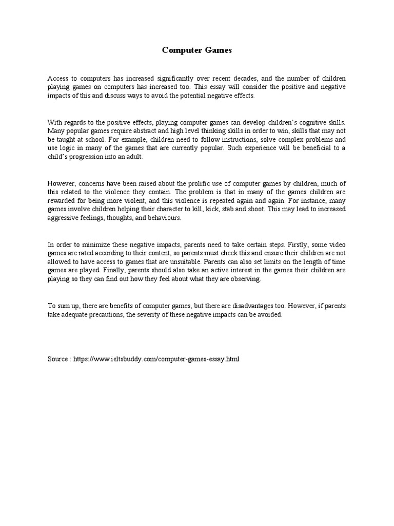 Essay - Computer Games | PDF | Video Games | Violence
