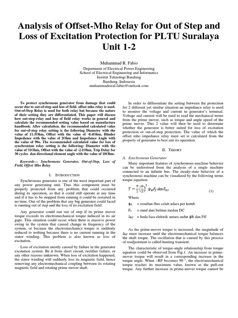 Offset Mho Relay for Generator Protection | PDF | Electric Generator ...