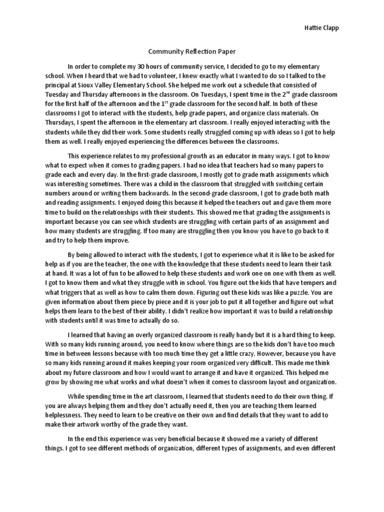 Community Service Reflection Paper | PDF | Classroom | Teachers
