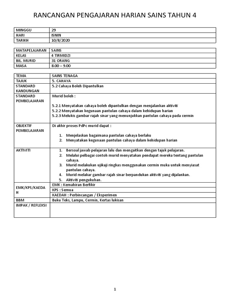 RPH Sains Tahun 4 Tirmidzi | PDF