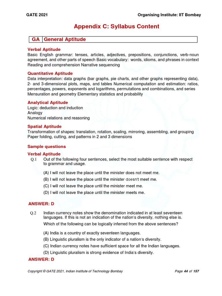 Appendix C: Syllabus Content: GA General Aptitude | PDF | Integral ...