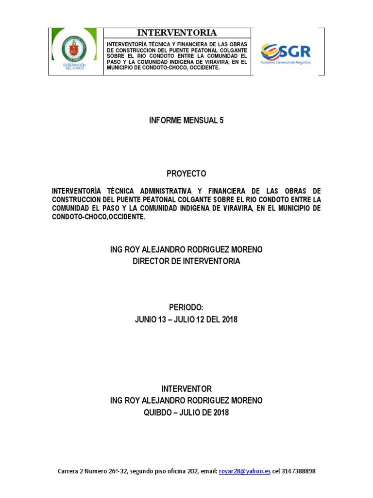 Informe Mensual de Interventoria 5 | PDF | Puente | Presupuesto