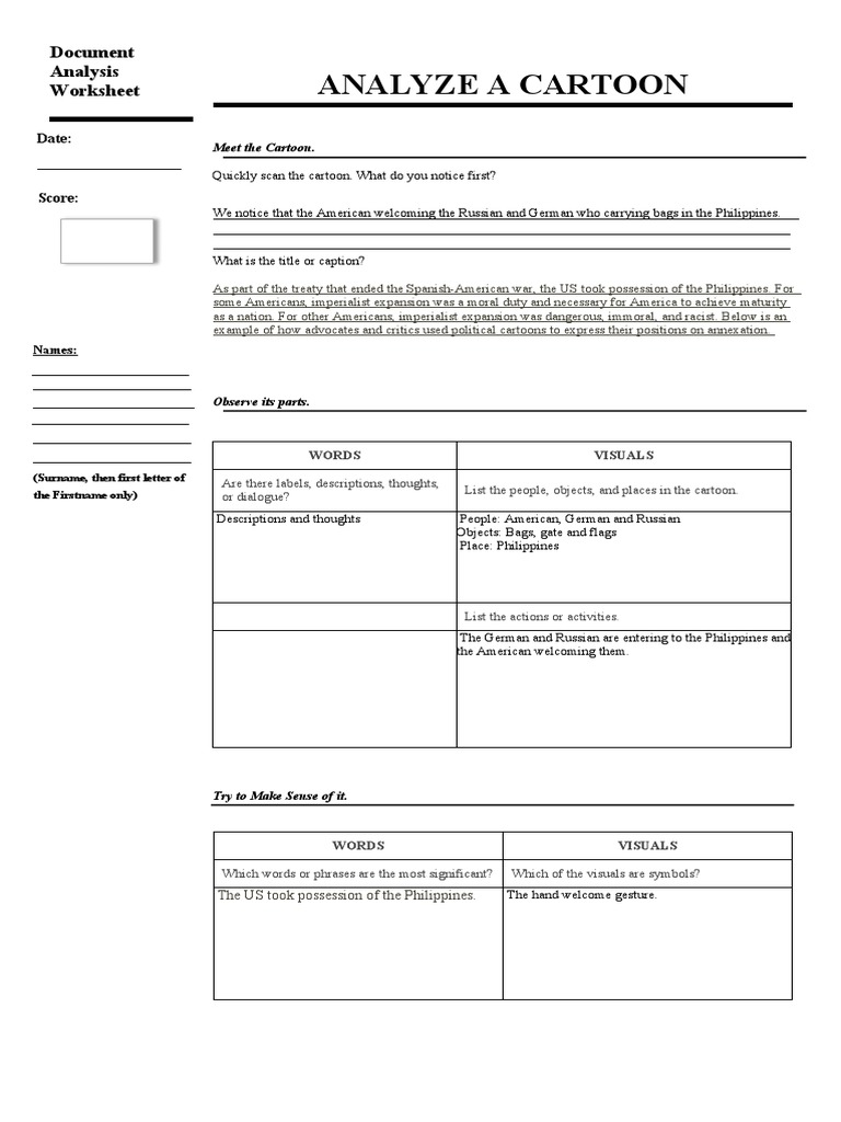Analyze A Cartoon: Document Analysis Worksheet | PDF | Cognitive ...