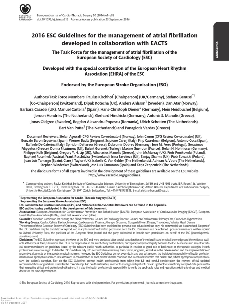 2016 ESC Guidelines For The Management of Atrial F | PDF | Myocardial ...