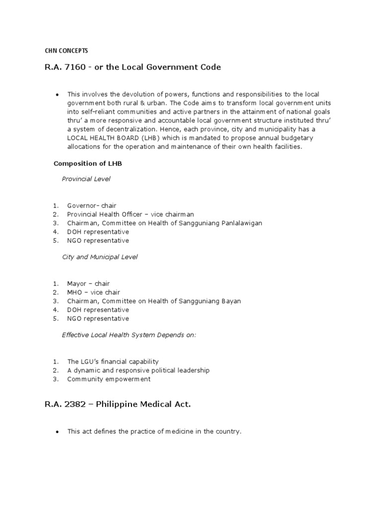 R.A. 7160 - or The Local Government Code: CHN Concepts | PDF ...
