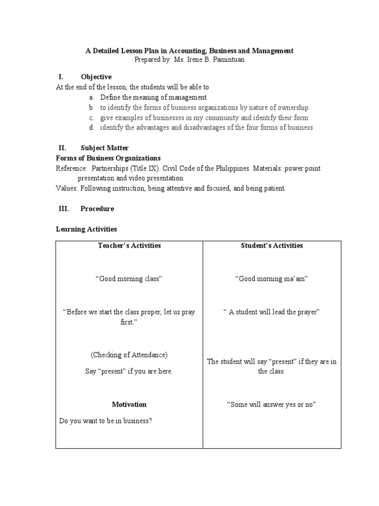 ABM Detailed Lesson Plan 4 | PDF | Corporations | Ownership