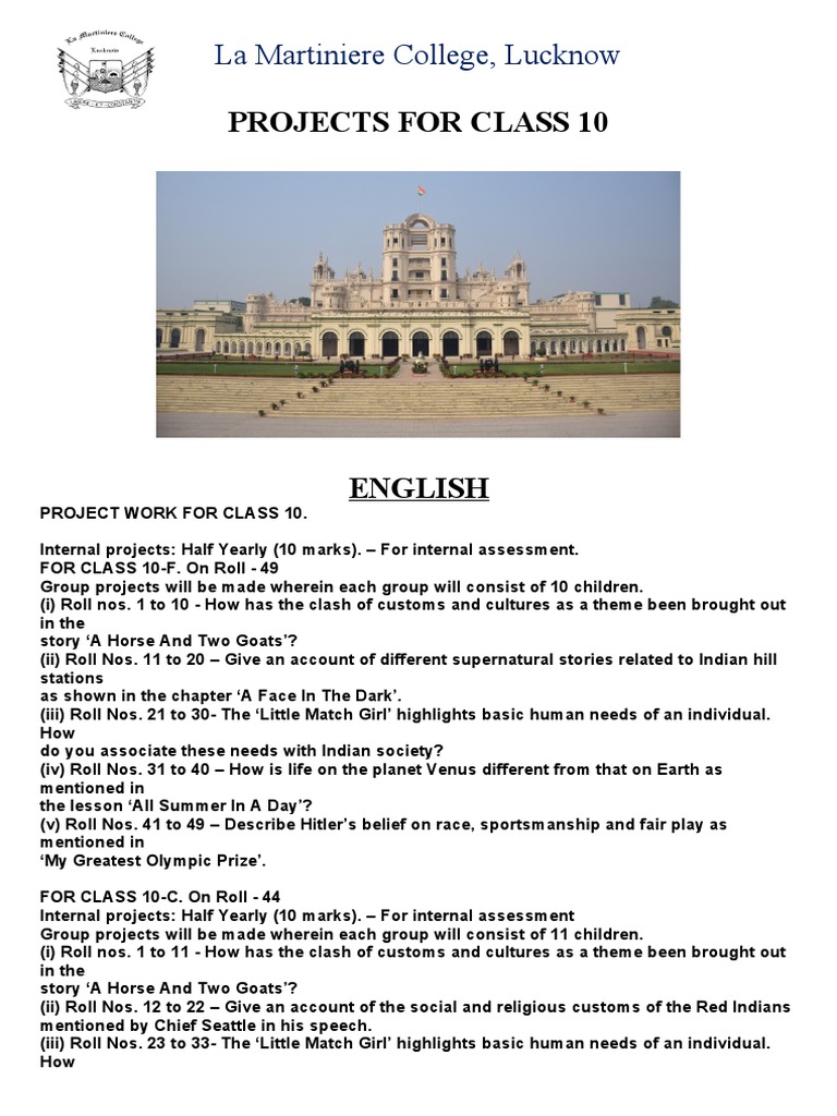 Projects For Class 10: La Martiniere College, Lucknow | PDF | Supply ...