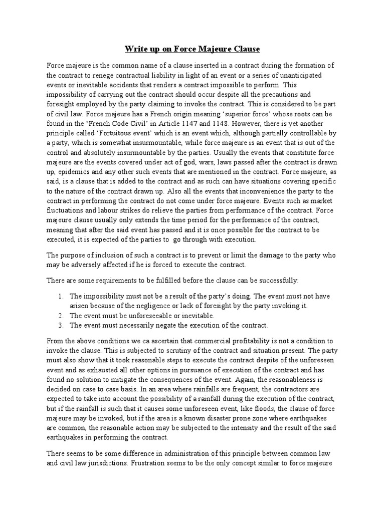 Write Up On Force Majeure Clause | PDF | Common Law | Business Law