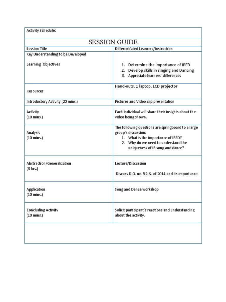 Session Guide: 1. Determine The Importance of IPED 2. Develop Skills in ...