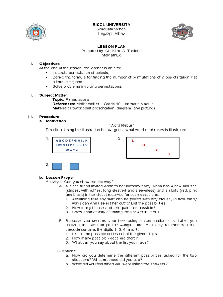 Lesson Plan | PDF | Permutation | Teaching Mathematics
