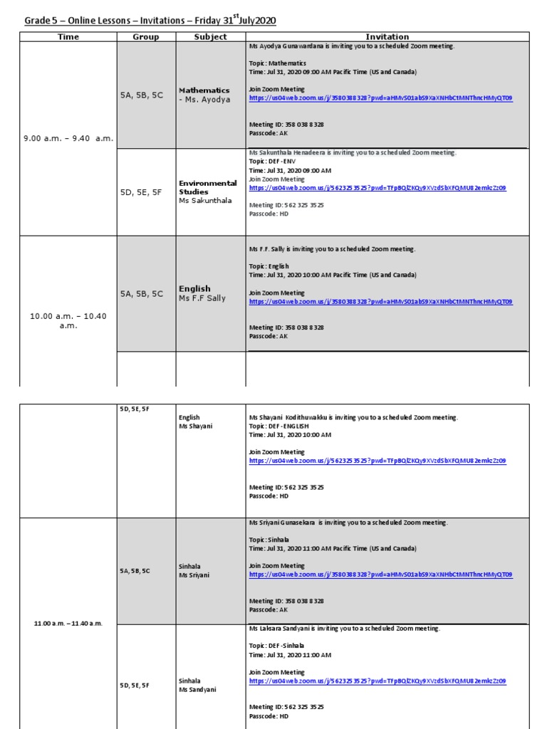 Zoom Lessons Timetable Grade 5 - 31-July-2020 | PDF